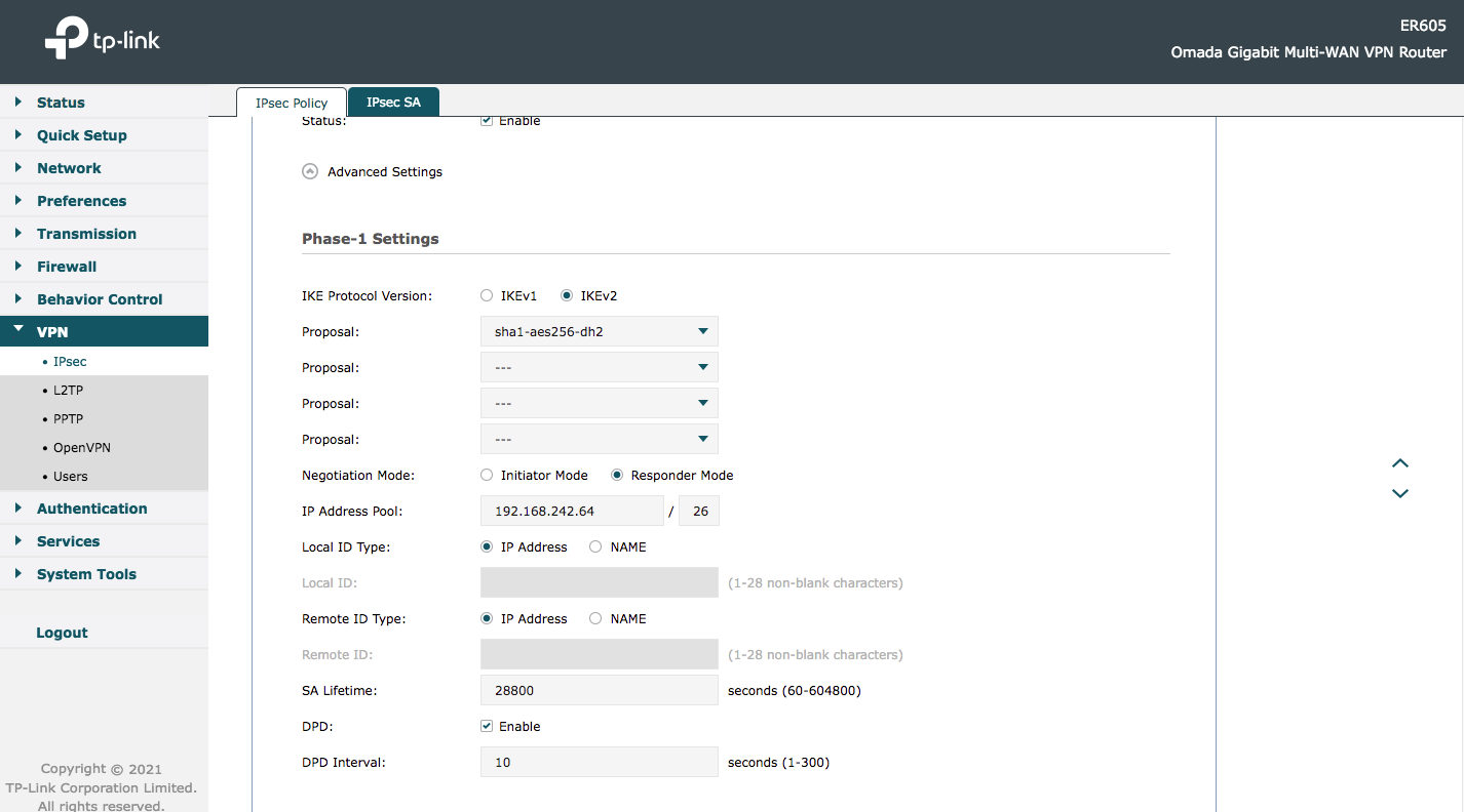 Set up IKEv2 VPN for TP Link Safestream Router